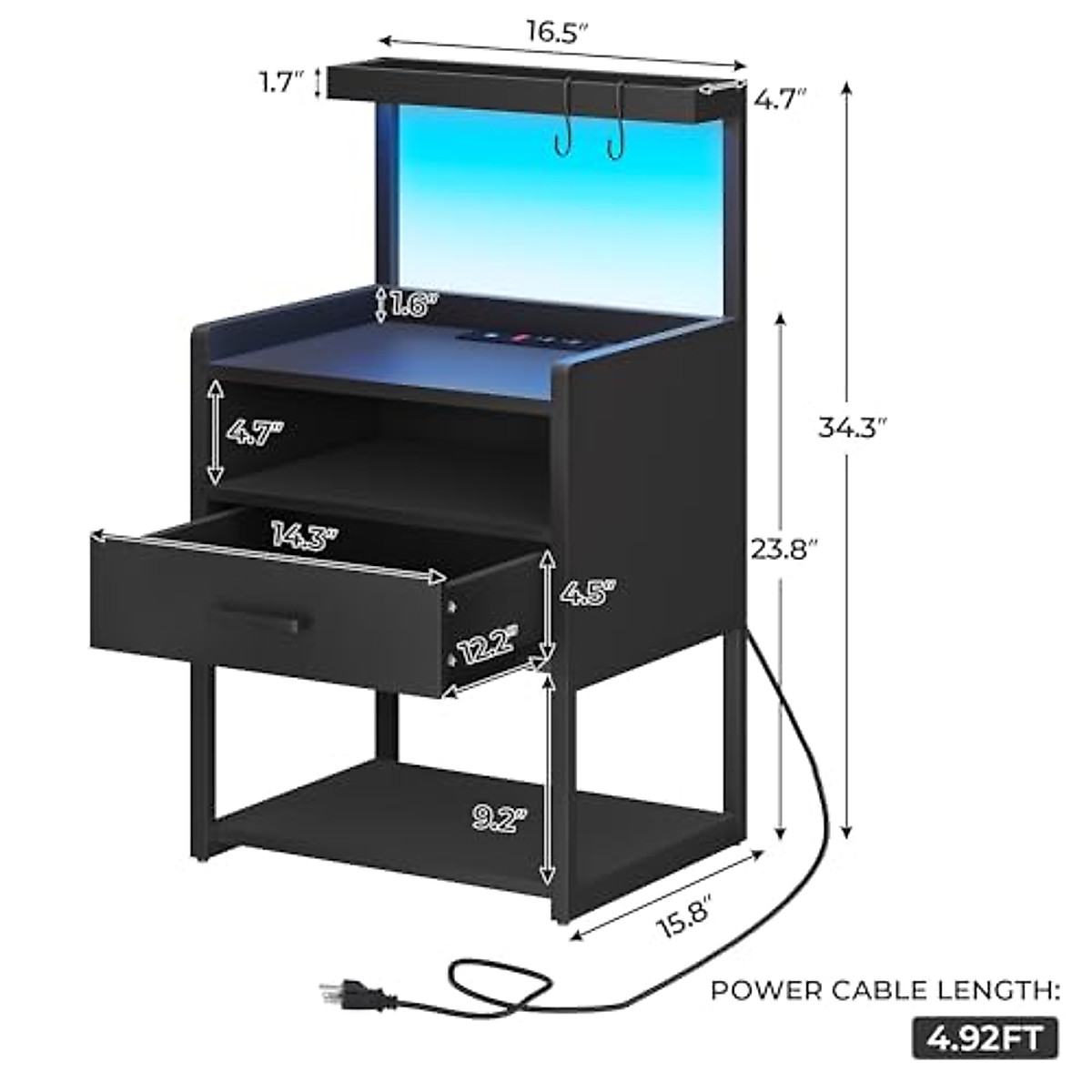 VIAGDO Nightstand with Charging Station and LED Lights, Black Night Stand with Drawer, Modern End Side Table with Open Storage Shelves, Bedside Tables for Bedroom, Office