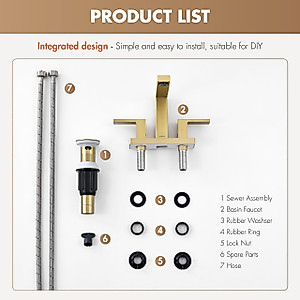 INDARE 2 Handle Centerset Bathroom Faucet， Gold Bathroom Faucets for Sink 3 Hole， 4-Inch Bathroom Sink Faucet， Bathroom Faucets with Pop-Up Drain & Supply Lines， Brushed Gold，110107-BG-1