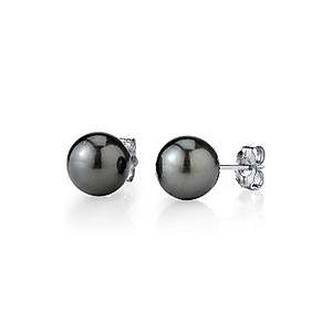THE PEARL SOURCE 9-10mm Tahitian Real Pearl Earrings for Women - Black 14k Gold Stud Earrings | Hypoallergenic Earrings with Genuine Cultured Pearls