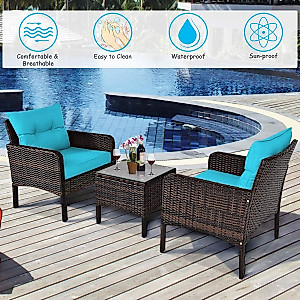 RELAX4LIFE 3-Piece Patio Furniture Set, PE Rattan Wicker Outdoor Conversation Set w/Glass Top Coffee Table & Thick Cushions for Deck Porch Balcony Garden, Bistro Table and Chairs Set of 2 (Turquoise)
