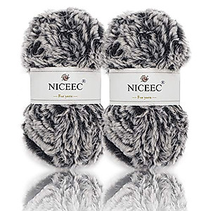 NICEEC 2 Skeins Super Soft Fur Yarn Chunky Fluffy Faux Fur Yarn Eyelash Yarn for Crochet Knit-Total Length 2×32m(2×35yds,50g×2)-Black with White
