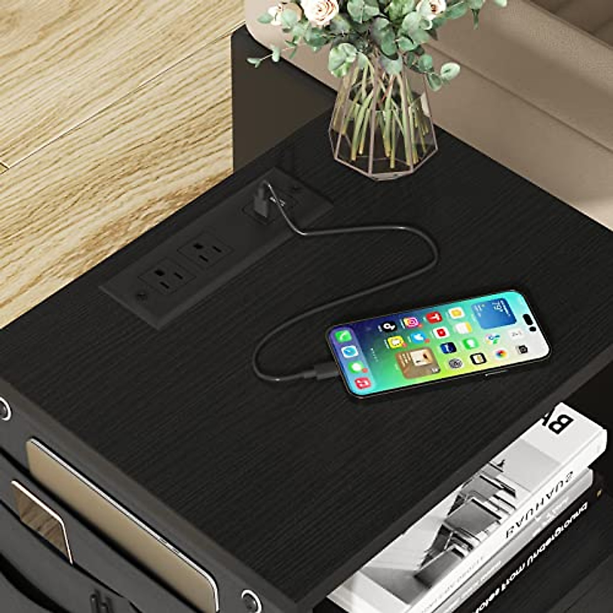 Vabches End Table with Charging Station, Nightstand with USB Port, Outlet and Fabric Bag, 2 Drawers & Open Storage Shelf Side Table, Sofa Cabinet for Living Room, Bedroom, Office