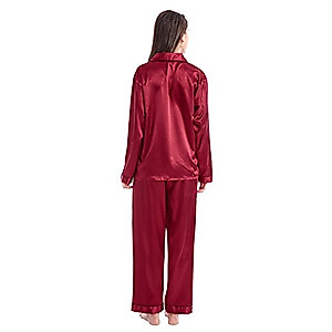 Tony & Candice Women's Classic Satin Pajama Set Sleepwear Loungewear (Large, Burgundy with Black Piping)