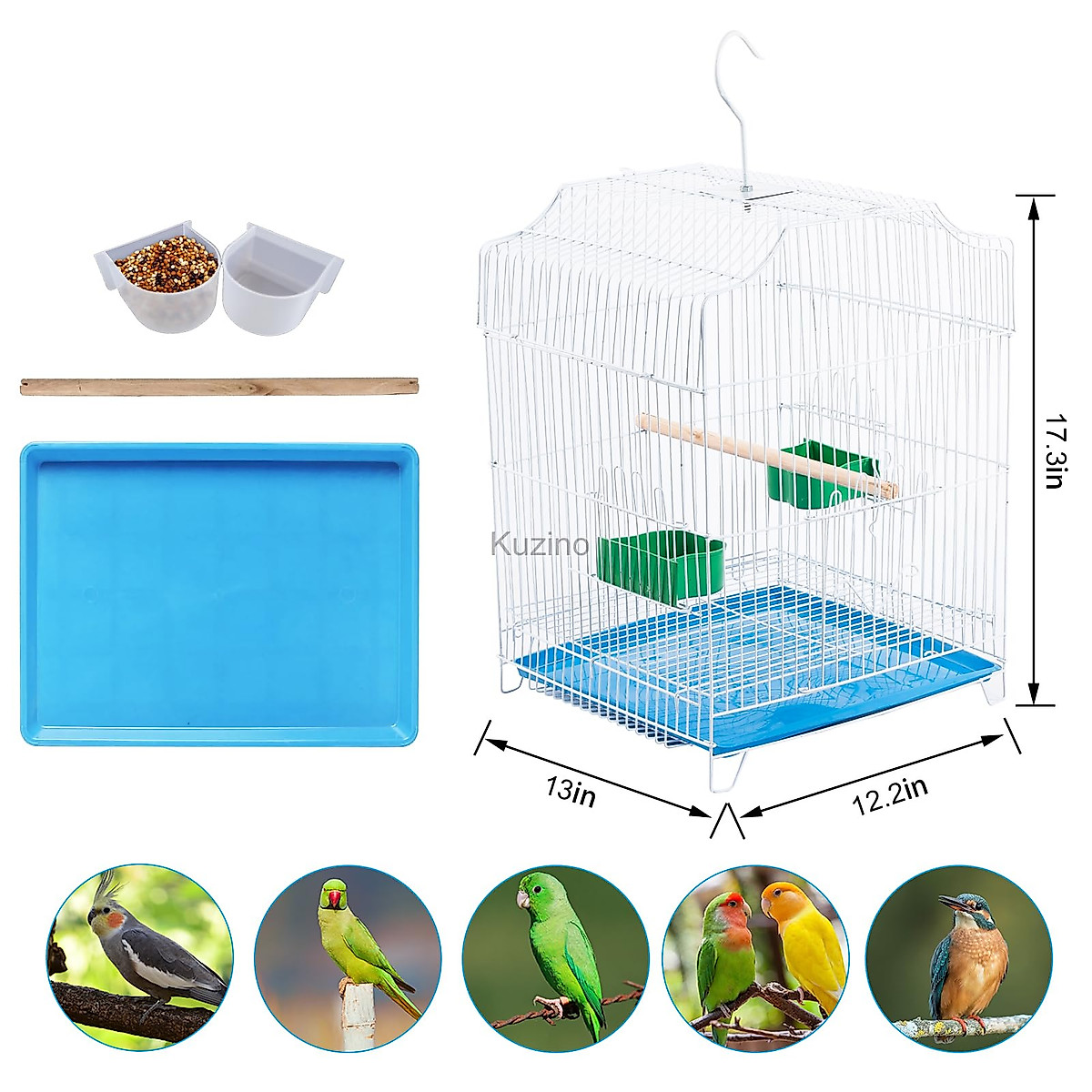 Kuzino Small Bird Travel Cage - Economy and Lightweight Small Birds Carrier Cages for Parakeets Lovebirds Parrotlets Finches Canaries with White Wire, Blue Plastic Base with Removable Tray