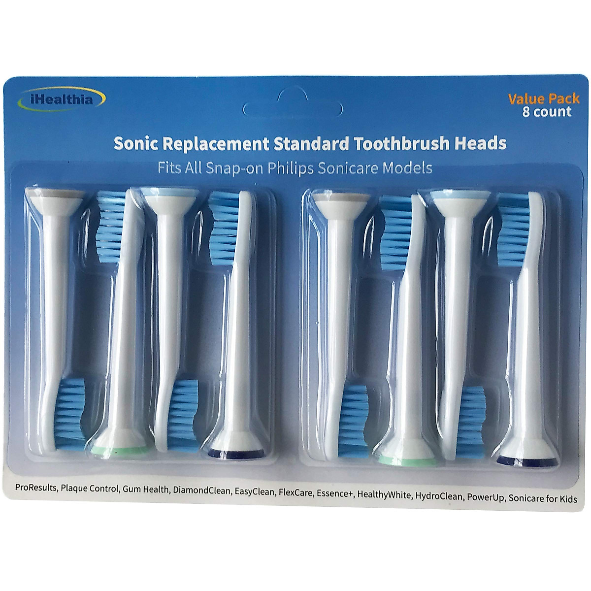 iHealthia Sensitive Replacement Toothbrush Heads Compatible with Philips Sonicare Brush HX6053, 8-Pack, fits Sonicare Plaque Control, Gum Health, Flex Care