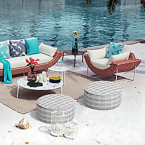 TWLEAR Indoor/Outdoor Inflatable Ottoman D21 x H9 inch, Round Footstool Inflatable Foot Rest Ottoman with Handle, Portable Ottoman Pouf for Patio, Garden, Camping, Home, Herringbone Black White