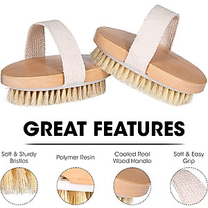 Opaz Dry Body Brush 2 Pack Natural Bristle for Dry Skin - Exfoliator Scrubber - Wet or Dry Scrub Smooth Cellulite - Stimulate Blood Flow