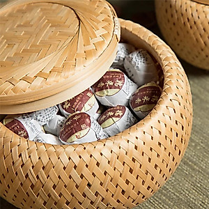 OKUMEYR Bamboo Tea Basket with Lid Round Rattan Storage Jar Wicker Storage Baskets Woven Storage Canister Sticky Rice Steamer Baskets Snacks Fruit Basket Bamboo Weaving Steamer