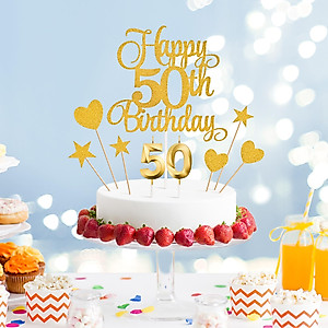 Lecferrarc 50th Birthday Cake Decorations, 50th Birthday Candles Cake Numeral Candles and Glitter Happy 50th Birthday Cake Toppers Set for Birthday Party Supplies (Gold)