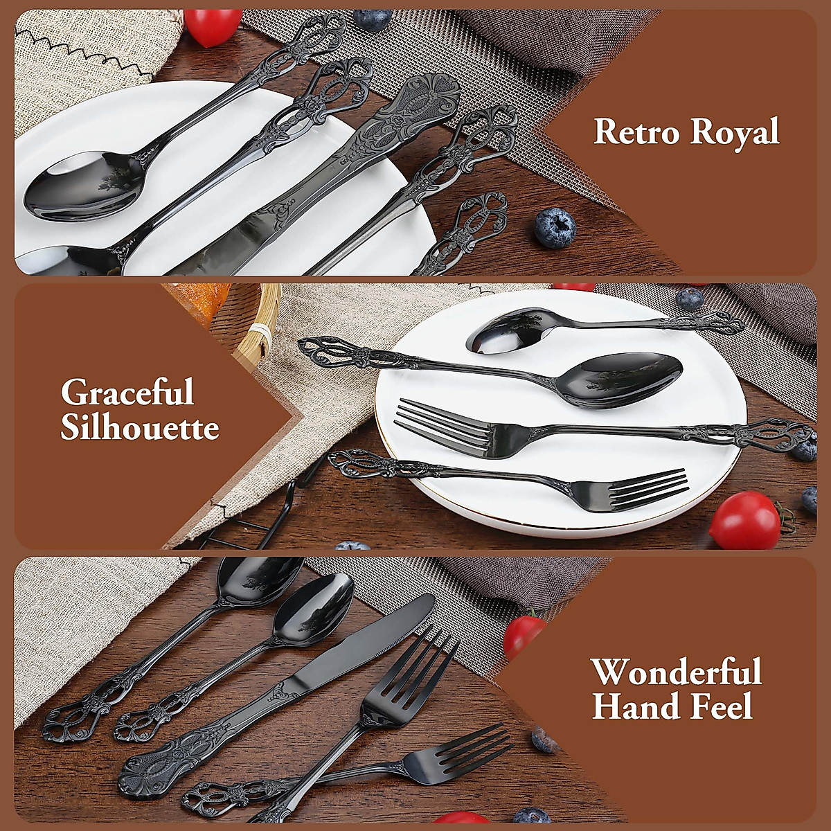 PUREAIN Silverware Set, 30 Pieces Retro Royal Silverware Set for 6, Anti-rust Stainless Steel Flatware Set Including Fork Spoon and Knife, Dishwasher Safe, Black
