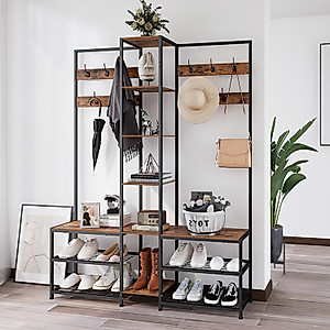 GiftGo Corner Hall Tree with Shoe Rack Storage Bench Display Open Shelves Modern Industrial Entryway Coat Rack Stand for Home Living Room Mudroom Bedroom Multifunctional 5 in 1 (Rustic Brown)