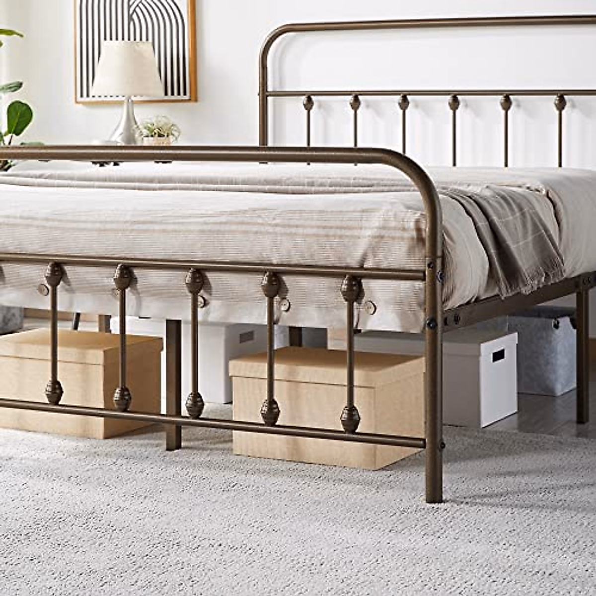 Yaheetech Classic Metal Platform Bed Frame Mattress Foundation with Victorian Style Iron-Art Headboard/Footboard/Under Bed Storage No Box Spring Needed Bronze Full Size
