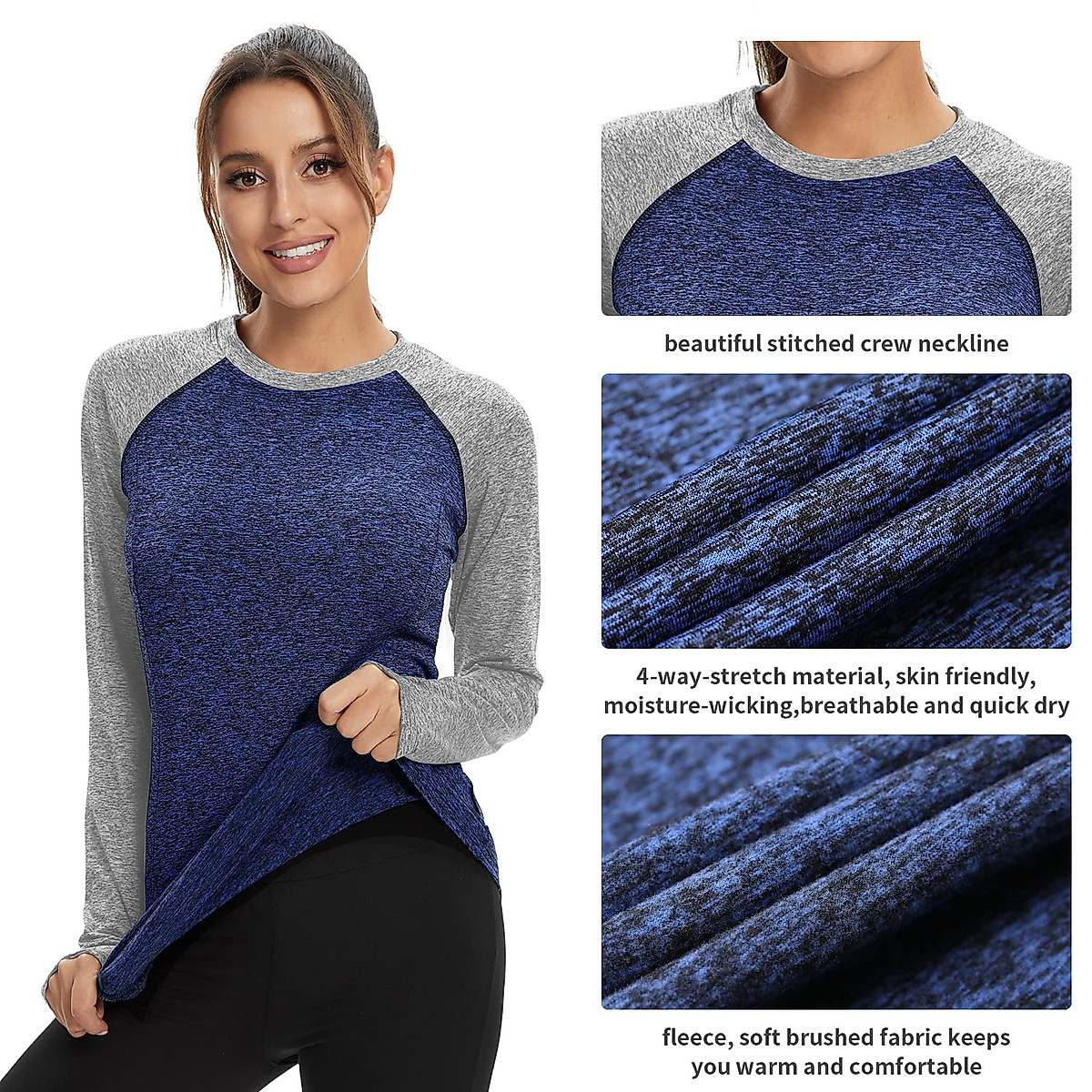 Fleece Lined Shirt for Women Long Sleeve Running Shirts with Thumb Holes（Navy-Grey,Medium