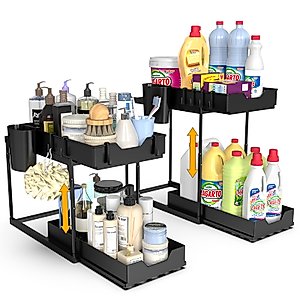 HISDEAR 2 Pack Under Sink Organizers and storage, 2 Tier Slide-out Drawers Bathroom Organizer, Adjustable Height Kitchen Organizers and Storage for Kitchen Bathroom Bedroom Office, Black