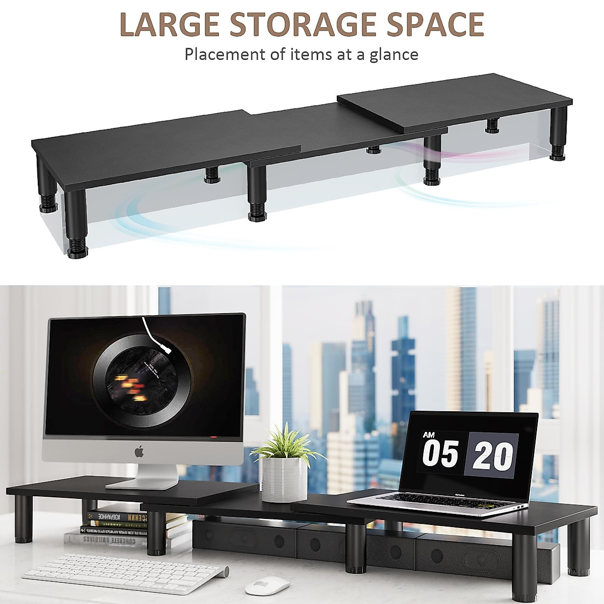 AX Waber Dual Monitor Riser, Adjustable Height Steel Leg Wooden Stand with Storage Space - Black