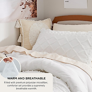 Bedsure Twin/Twin XL Comforter Set - White Boho Twin Extra Long Comforter Set for College, Shabby Chic Dorm Bedding Set, 2 Pieces Modern Farmhouse Bed Set, Includes 1 Pillow Sham