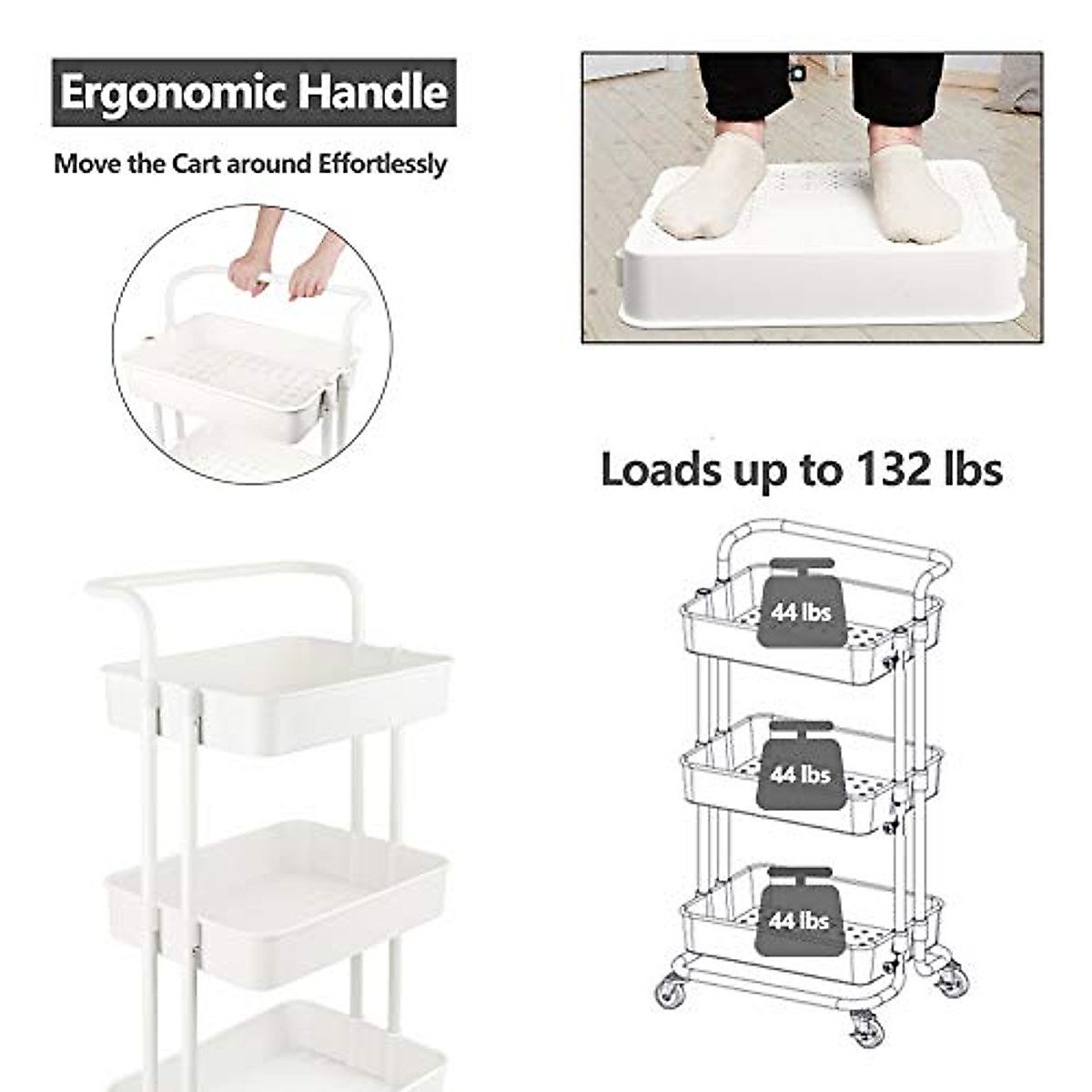 QiMH 3 Tier Rolling Storage Cart Heavy Duty Mobile Rolling Utility Cart with Handle Wheels Multifunction Large Storage Shelves Organizer