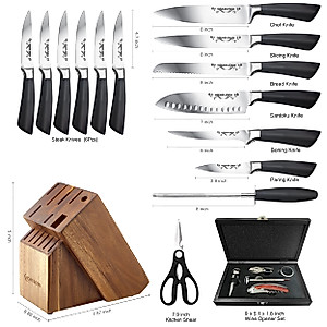 Kitchen Knife Set with Block,HOABLORN Acacia Wood Block Knife Set 15 Pcs with Extra Wine Set,Professional Knives Set for Chefs Family,Best Kitchen Gifts for Housewarming