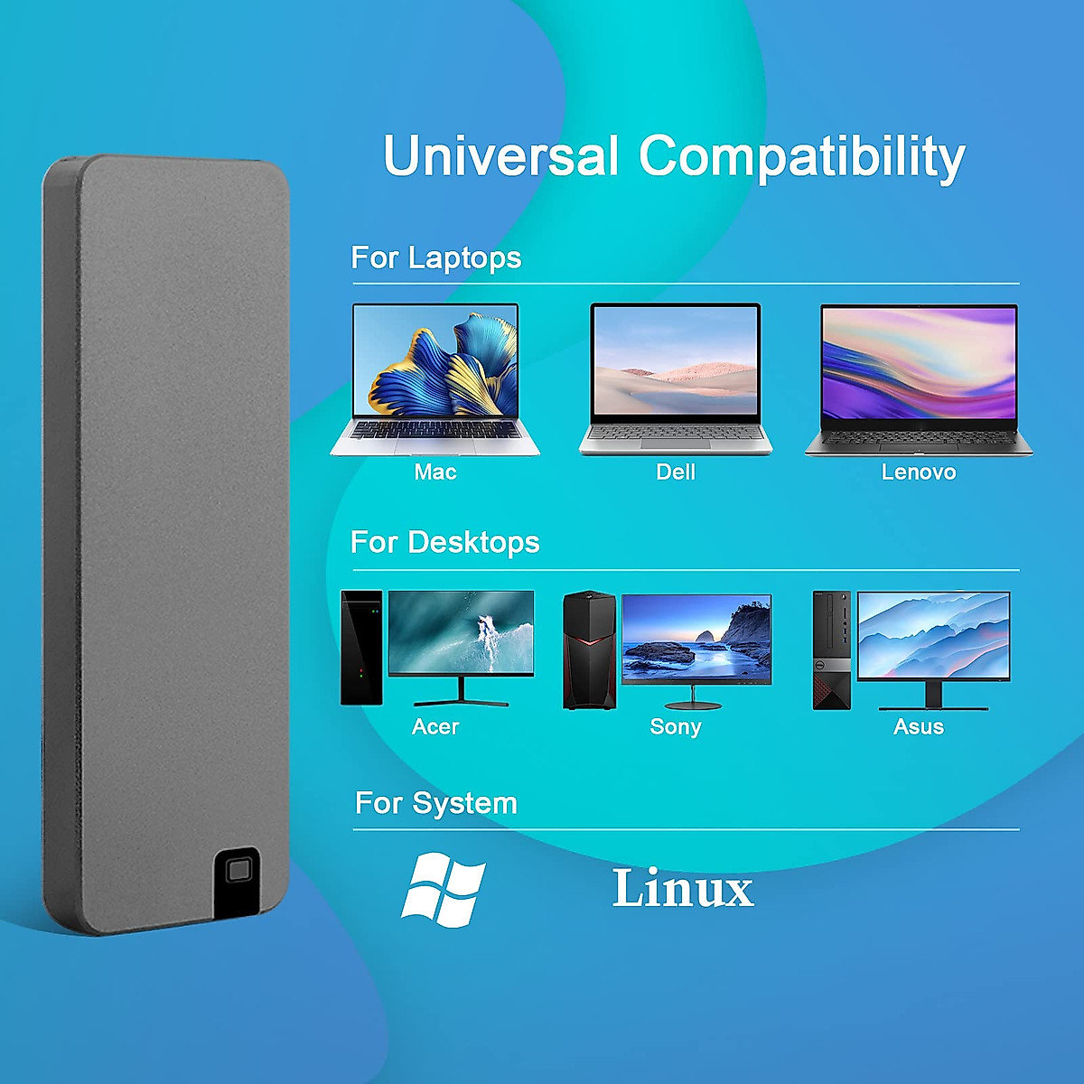 2TB External Hard Drive, Portable SSD External Hard Drive with Reading Speed Up to 500Mb/s Plug and Play Ready for Mac and PC Computer, Desktop, Laptop Silver