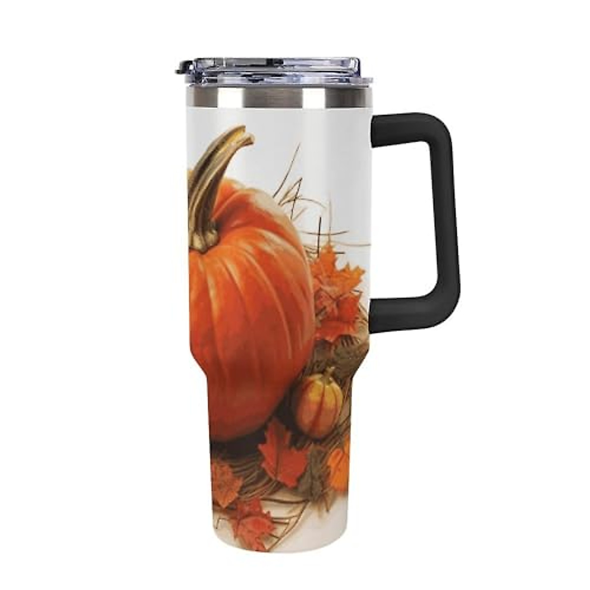 LLUTSNTH 40 Oz Vacuum Tumbler with Black Handle Leakproof Insulated Tumbler Fall Pumpkin Stainless Steel Travel Mug with Lid And Straw Coffee Cup Cute Water Bottles Cup Holder Friendly
