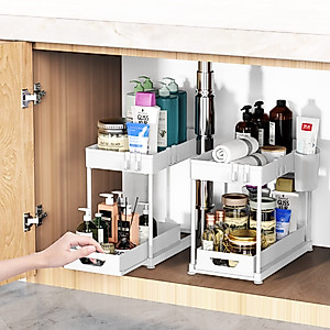 Fkprorjv Under Sink Organizers and Storage, 2 Pack Kitchen Bathroom Sink Organizer with Hooks, 2 Tier Under Sink Cabinet Basket Storage Shelf with Sliding Drawers, White