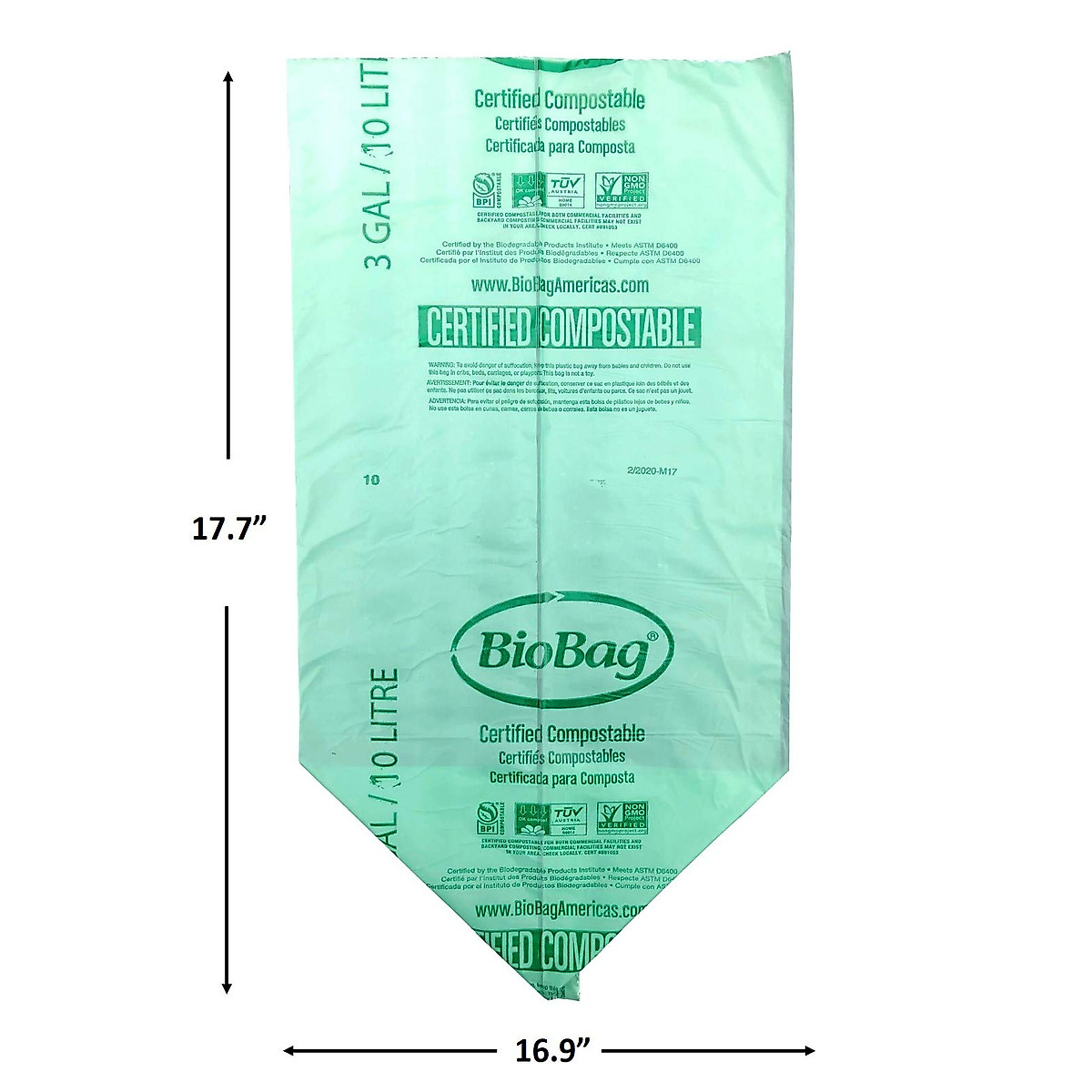 BioBag (USA), The Original Compostable Bag, 3 Gallon, 100 Total Count, 100% Certified Compostable Kitchen Food Scrap Bags, Kitchen Compost Bin Compatible