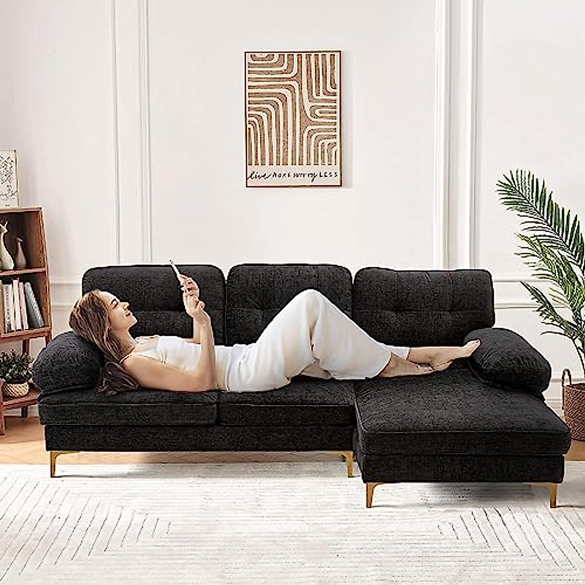 VERYKE L Shape Sectional Sofa Couch,85'' Modern Chenille Fabric Sectional Sofa with Metal Legs and Removable Cover for Living Room