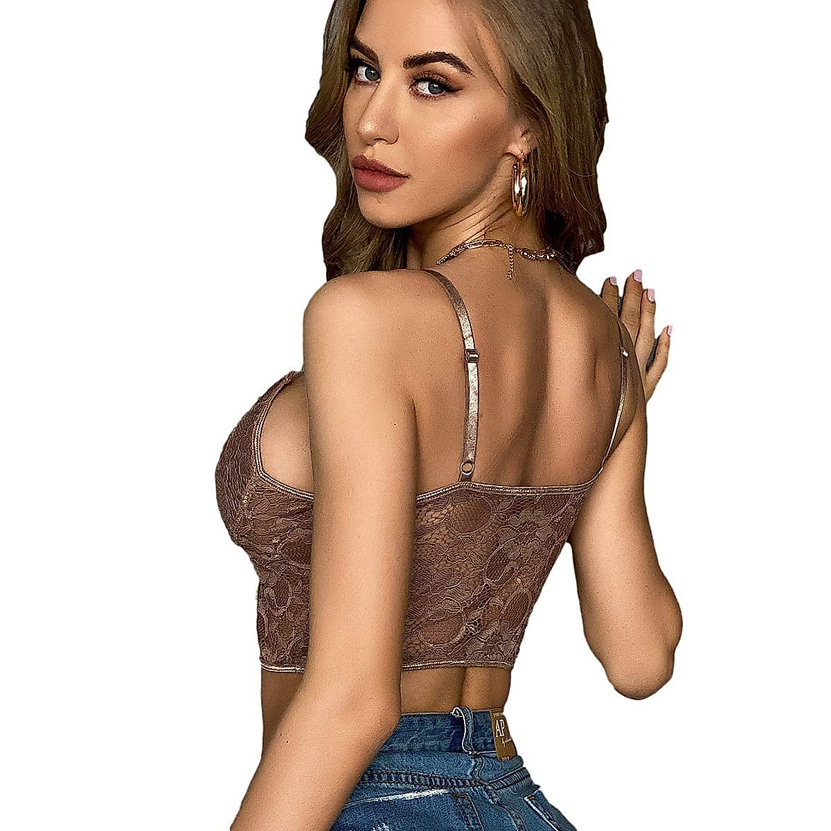 Lilosy Sexy Wirefree Lingerie Floral Lace Crop Cami Tank Top Women Sheer Longline Bralette Night Out Party Bra Coffee 2# Medium