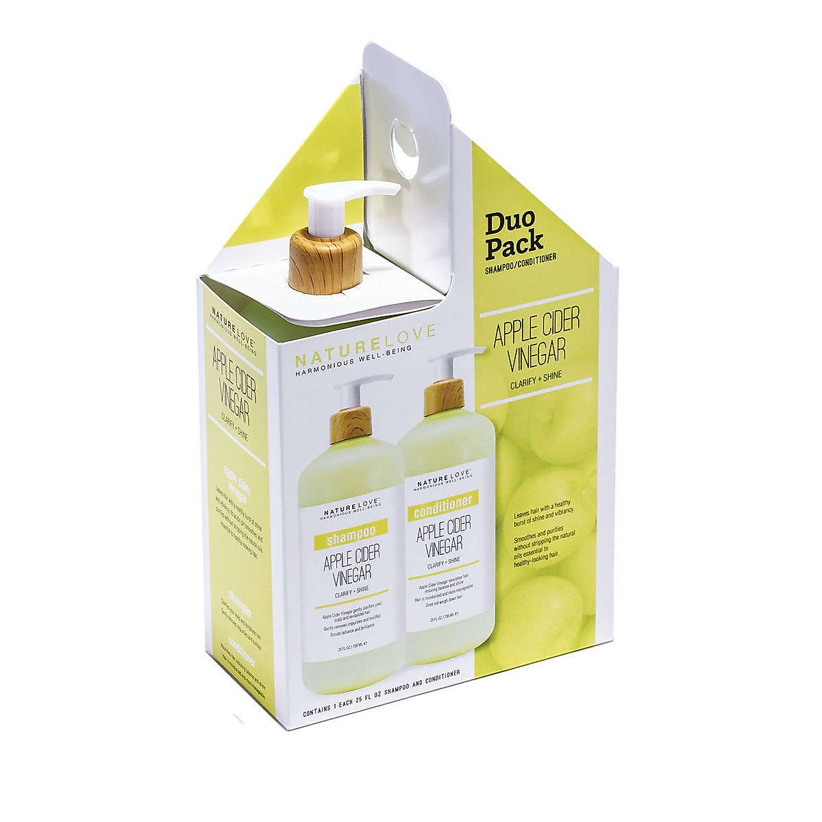 Nature Love Apple Cider Vinegar Shampoo and Conditioner Duo | Clarify + Shine | Revitalize Hair and Scalp | Purifies Without Stripping | Paraben Free, Cruelty Free, Made in USA (25 oz each)