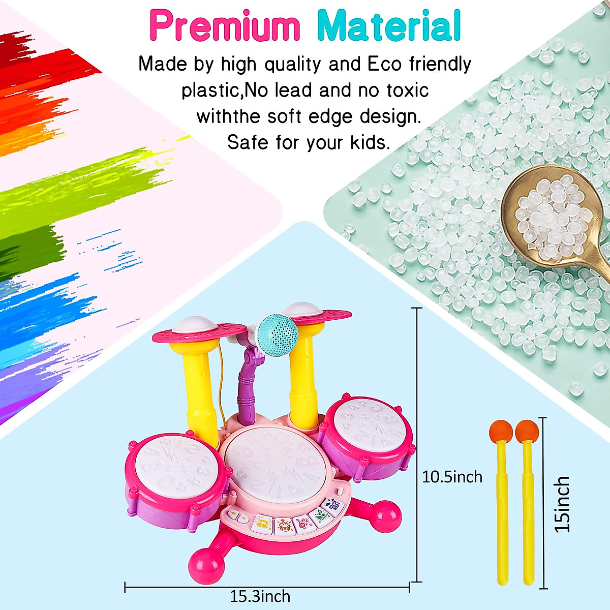 Basytodio Baby Music Toy 0-6-12 Month Electronic Kid Drum Set for Toddler Indoor Outdoor Montessori Sensory Activity Interactive Infant Surprise First Birthday Gift for One Year Old Girl Boy