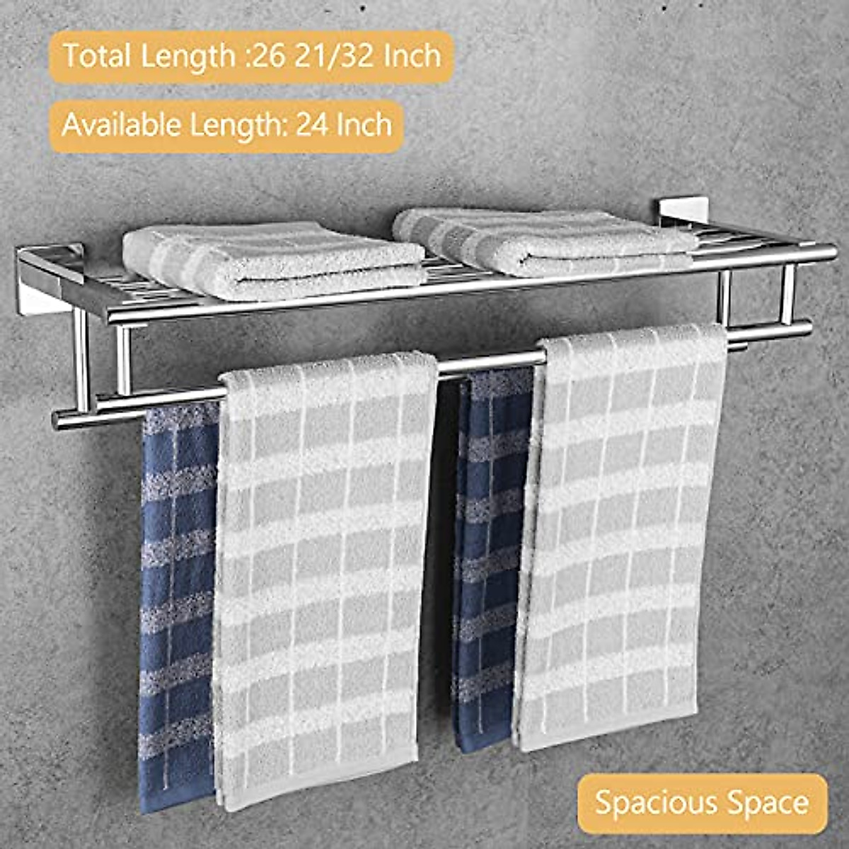 USHOWER Polished Chrome Towel Rack Set, Included 24-Inch Wide Bathroom Hotel Towel Shelf, 4 Piece