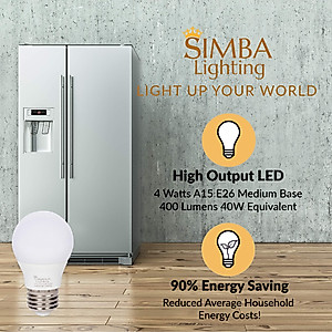 Simba Lighting LED A15 Refrigerator Light Bulbs (4-Pack) 4W 40W Replacement Small for Appliances, Freezers, Ceiling Fans, 120V, E26 Standard Medium Base, Frosted Cover, Not Dimmable, 5000K Daylight