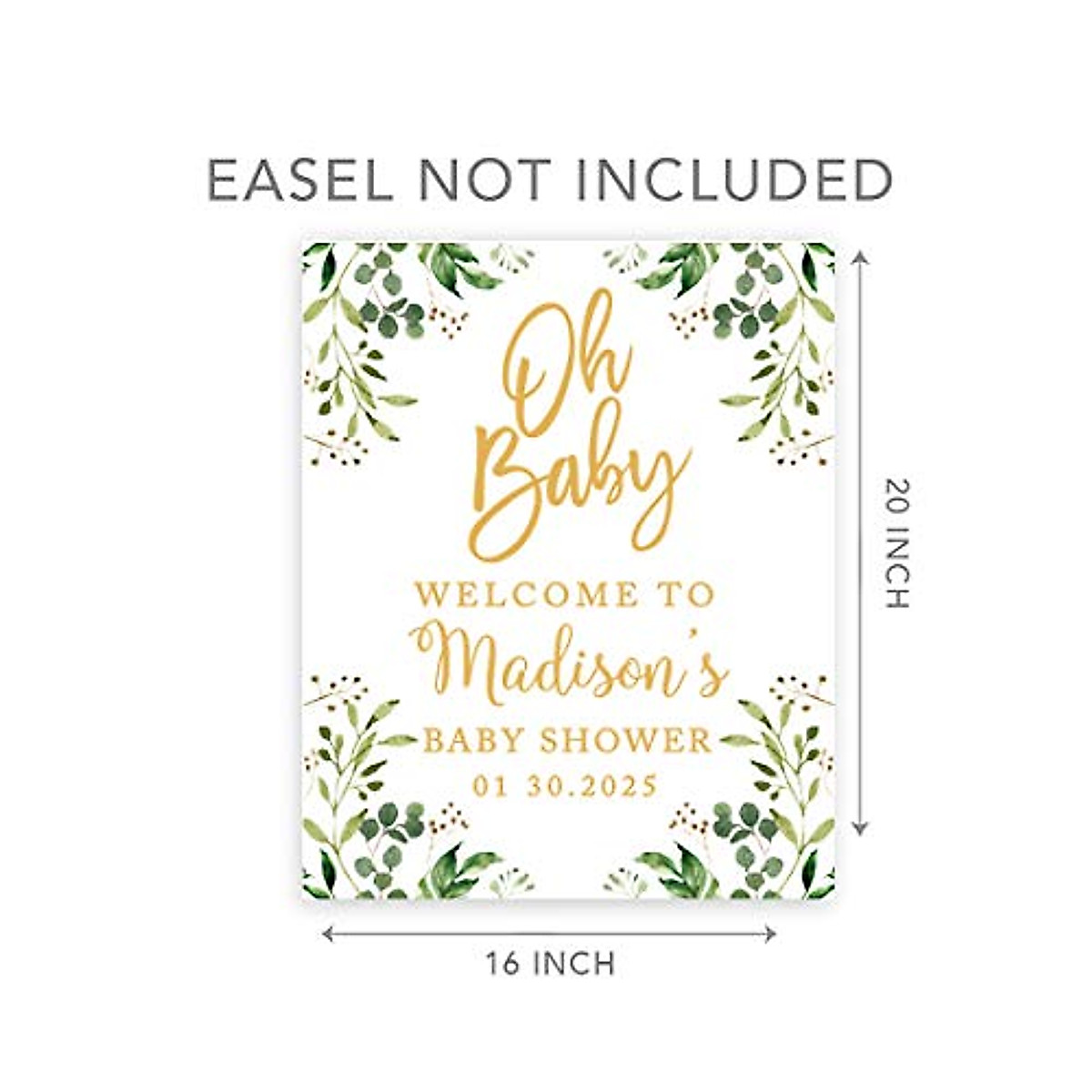 Andaz Press Custom Large Baby Shower Canvas Welcome Sign, 16 x 20 Inches, Gold and Greenery Leaf Foliage, Guestbook Alternative, Personalized Sign Our Canvas, for Greenery Baby Shower, Baby Sprinkle