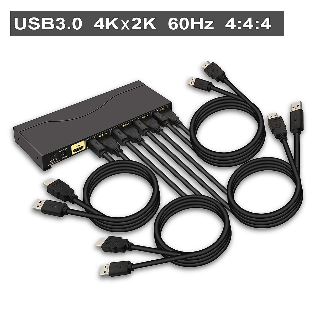 CKLau 4 Port KVM HDMI Switch with Digital Audio Output, All Input Cables and 2 USB 3.0 Hub, 4x1 HDMI KVM Switch USB 3.0 Supports Hotkey Switching, 4K@60Hz, 2K@144Hz, EDID