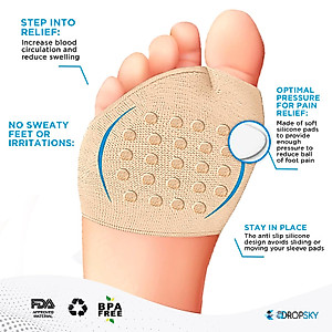 Metatarsal Pads Women Sleeves Anti-Slip Inserts with Gel (4-Pack) Ball of Foot Cushions for Women & Men Pain Relief Soft Padding - Sesamoiditis Pads, Metatarsalgia Insole, FSA and HSA Eligible (Nude)