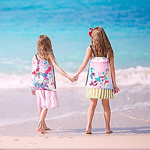 WAWSAM Butterfly Drawstring Backpack for Kids - 13" x 18" Sports Gym Bag for Girls Waterproof Beach Swimming Travel Sackpack Birthday Christmas Gift with Zippered Pocket