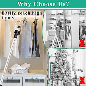 Greeily Clothes Hanger Reaching Hook, High Reach Garment Hook Telescopic Adjustable 37" to 63" for Hanging Clothes Plants Bird Feeders Christmas Light Pole Stainless Steel Material with 2 Long Hooks