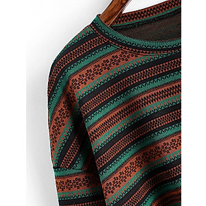 ZAFUL Women's Tribal Ethnic Graphic Cropped Knitwear Bohemian Long Sleeve Pullover Sweater Boho Drop Shoulder Knitted Top Multicolored