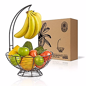 REGAL TRUNK & CO. Fruit Basket for Kitchen, 16.5 Rustic French Farmhouse Black Fruit Bowl with Removable Banana Holder Basket, Ideal to Store your Fruit & Vegetable, Medium Size, Birthday Gift