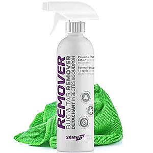 SansZo Bug and Tar Remover - Powerful and Fast-Acting All Purpose Exterior Cleaner & Degreaser - Streak Free Car Detailing Without Scratching, with Microfiber Cloth, 24 OZ