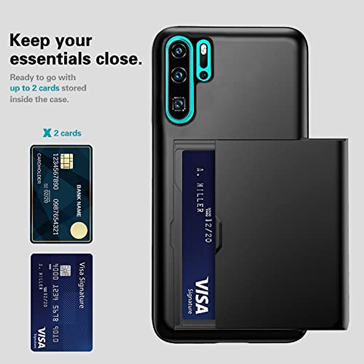 Asuwish Phone Case for Huawei P30 Pro with Tempered Glass Screen Protector and Credit Card Holder Wallet Cover Hard Hybrid Cell Accessories Hawaii P30Pro P 30 Pro30 Women Men Black