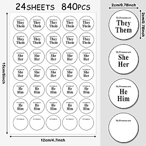 840 Pcs 24 Sheets Pronoun Stickers Bulk for Conference Badges They Them He Him She Her Round Nonbinary Name Tag Sticker Gender Identity Pronouns Name Badge Stickers Decal for Name Tag Party Boys Girls