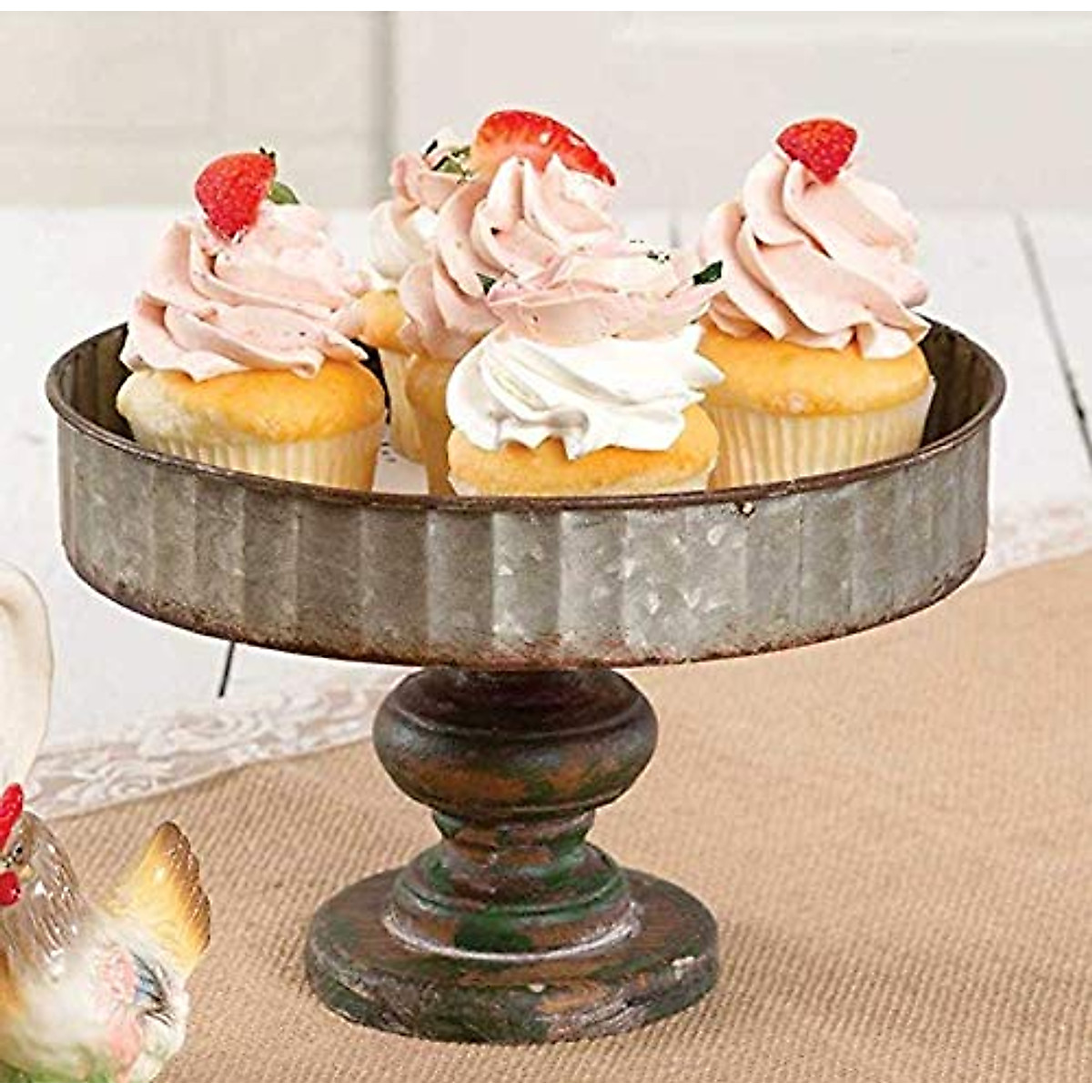 Colonial Tin Works Corrugated Galvanized Metal Serving Tray Stand Kitchen Supplies, 9.5" diameter x 6" tall x 1.5" deep, Gray