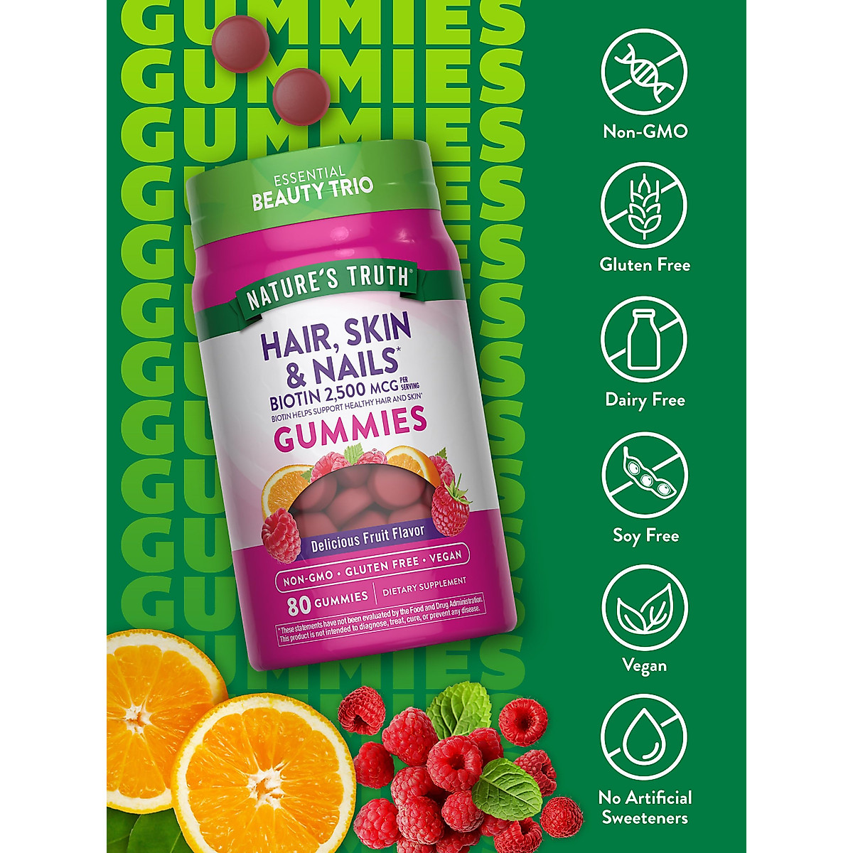 Hair Skin and Nails Gummies | 80 Count | 2500mcg of Biotin | Vegan, Non-GMO, Gluten Free Supplement | Vitamin for Women & Men | by Nature's Truth