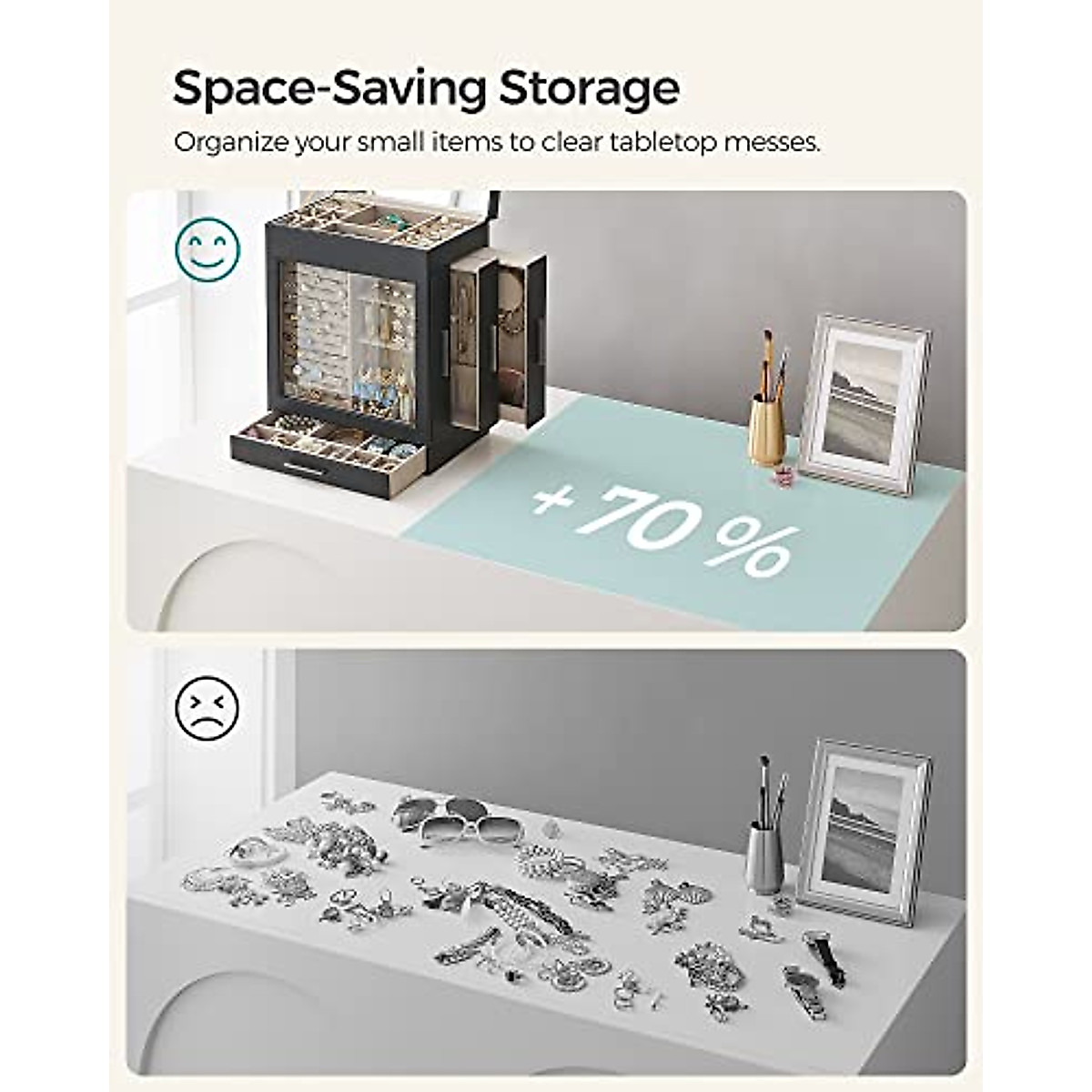 SONGMICS Jewelry Box with Glass Window, 5-Layer Jewelry Organizer with 3 Side Drawers, Jewelry Storage, with Vertical Storage Space, Big Mirror, Modern Style, Graphite Black and Silver UJBC162B01