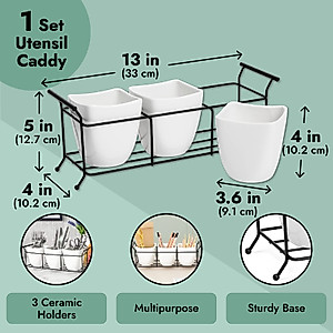 White Ceramic Utensil Holder, Flatware Caddy with Metal Stand (13 x 4 x 5 In)