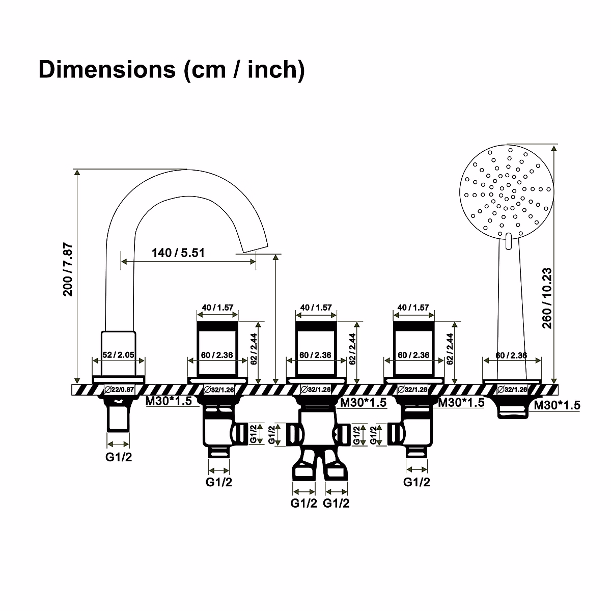 5 Hole Bathtub Faucet Chrome, Roman Tub Faucet with Sprayer, Deck Mount Tub Faucet, Three Handle Tub Faucet Set, High Flow Bath Tub Faucet Brass Tub Filler - JIAENLEMA