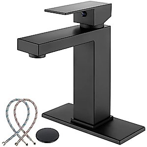 Midanya Matte Black Bathroom Sink Faucet 1 Hole Single Handle Deck Mount Lavatory Mixer Tap Include Pop Up Drain and Cover Plate One Lever Stainless Steel SUS304 Commercial