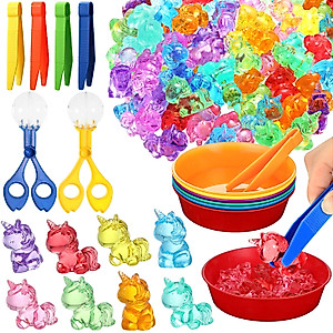 Leitee 62 Pcs Fine Motor Toys Counting Sorting Sensory Bin Filler, 50 Unicorn Acrylic Beads 4 Tweezers 2 Scissors Clips 6 Cups for Boys Girls Early Education and Sorting Counting Training Development