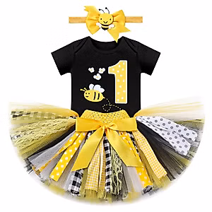 IDOPIP Baby Girls My 1st Birthday Outfit Bumble Bee Costume Dress up Short Sleeve Romper Tutu Skirt Headband 3PCS Clothes Set for One Year Old Girl Cake Smash Photo Shoot Black Bee 9-12 Months